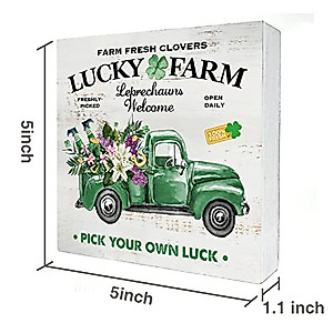 Lucky Farm Shamrock Wood Box Sign Decor Rustic Green Pickup St. Patrick's Day Wooden Box Sign Block Plaque for Wall Tabletop Desk Home Decoration
