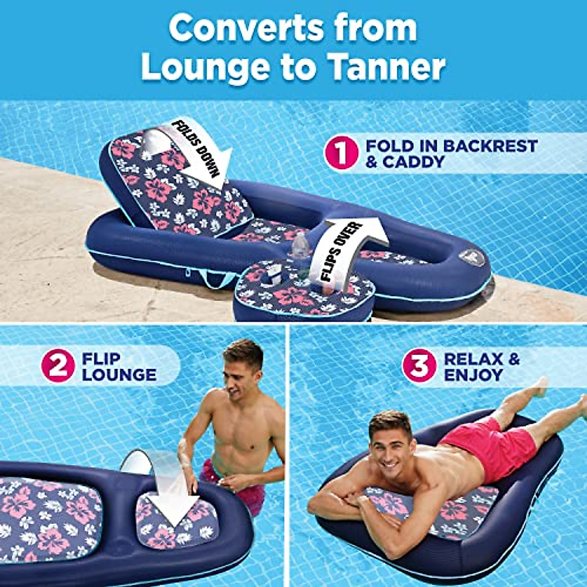 Aqua Campania Ultimate 2-in-1 Pool Float Lounge – Extra Large – Inflatable Pool Floats for Adults with Adjustable Backrest & Cupholder Caddy – Navy Hibiscus