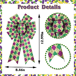 Estivaux 2 Pieces Mardi Gras Bows for Wreath, Mardi Gras Wreath Bows Glitter Green Purple Gold Stripe Bows Fat Tuesday Bows Bows for Front Door Mardi Gras Masquerade Party Decorations