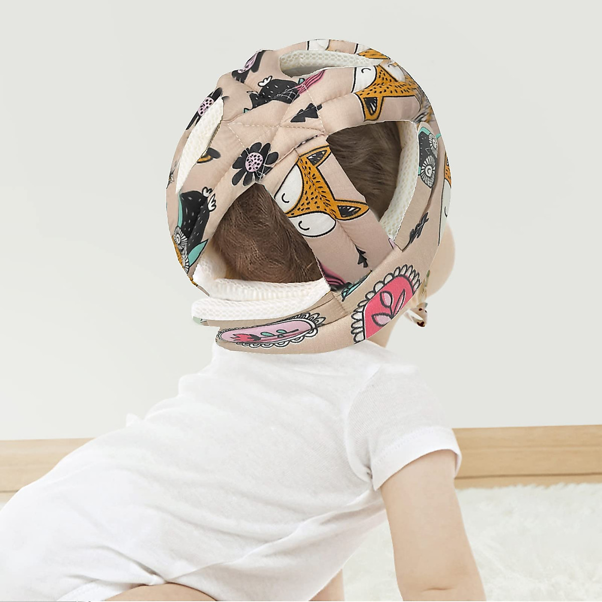 IULONEE Toddler Infant Helmet & Baby Knee Pads 3 Pairs, No Bump Safety Head Cushion Bumper Bonnet Adjustable Protective Cap Breathable Mesh Child Safety Hat for Running Walking Crawling (Pink Forest)