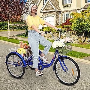 PEXMOR Adult Tricycle, 24/26 Inch 7 Speed 3 Wheel Bikes Tricycle for Adults, Adult Trike for Women/Men/Seniors, Three Wheel Cruiser Bike w/Folding Front & Rear Basket for Shopping/Recreation/Picnic