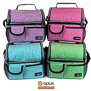 OPUX Insulated Dual Compartment Lunch Bag for Women | Double Deck Reusable Lunch Pail Cooler Bag with Shoulder Strap, Soft Leakproof Liner | Large Lunch Box Tote for Work, School (Purple), Standard