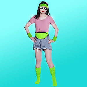 Dxhycc 80s Workout Costume Headband Wristband Set Neon Fanny Pack Running Headband Wristbands and Slouch Socks for Yoga Running Hiking Traveling Green