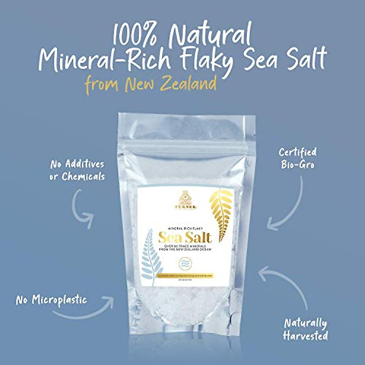 TURNER Mineral-Rich Flaky Sea Salt, Made in New Zealand, Kosher Flakes, 420 gramm, Premium Gourmet, Unprocessed, 84 Minerals & Trace Elements, 100% All-Natural, Solar & Wind Harvested, Lab Certified