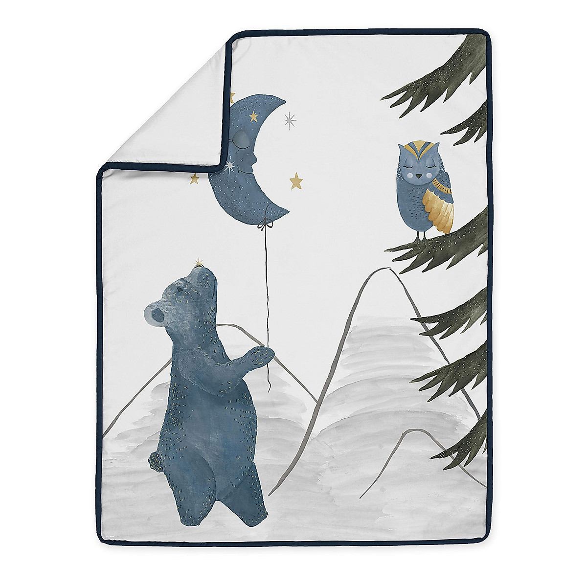 Sweet Jojo Designs Woodland Bear and Owl Baby Boy Girl Nursery Crib Bedding Set - 4 Pieces - Navy Blue, Grey, Gold and Black Celestial Moon Star Watercolor Forest