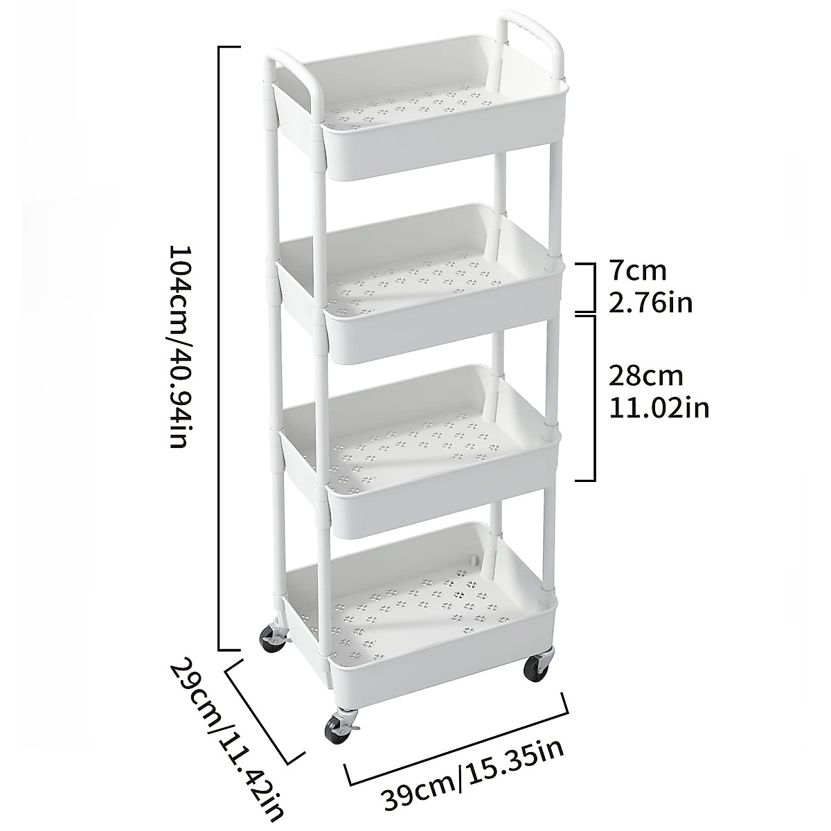 Sywhitta 4-Tier Plastic Rolling Utility Cart with Handle, Multi-Functional Storage Trolley for Office, Living Room, Kitchen, Movable Storage Organizer with Wheels, White