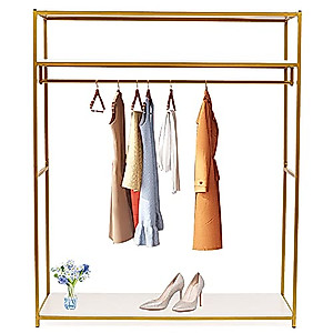 GDAE10 1.8m Height Gold Garment Rack with Three-tiers Wood Board Stand Iron Wedding Dress Bridal Garment Rack Dress Display Stand Floor Hanger Storage Rack for Home Wedding Clothing Store