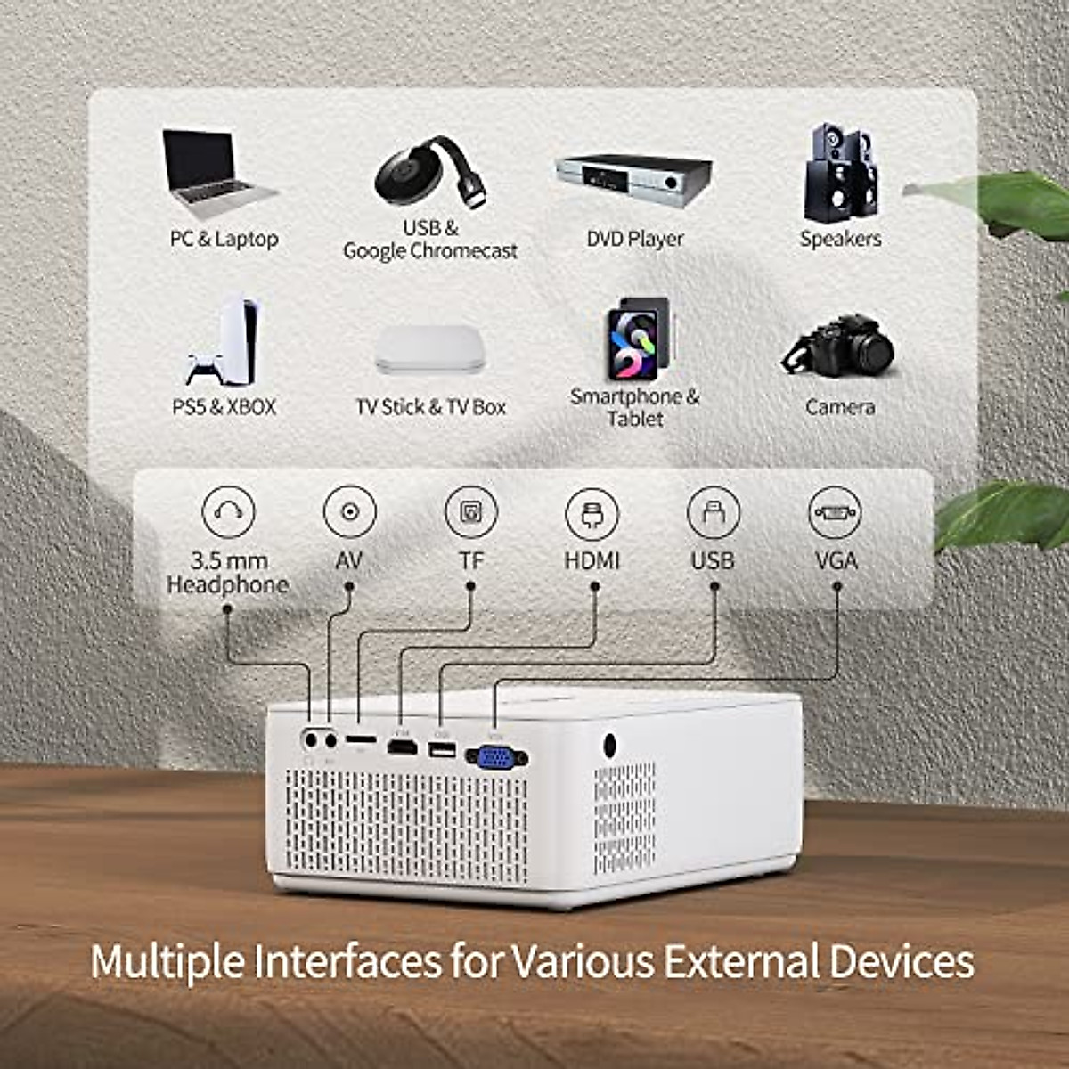 WiFi Bluetooth Projector with 12 inch Lightweight Tripod Stand, WEWATCH 8500L Portable Movie Projector for Home Outdoor, 1080P Video and 260" Display Supported, Use with TV Stick, HDMI, iOS, Android