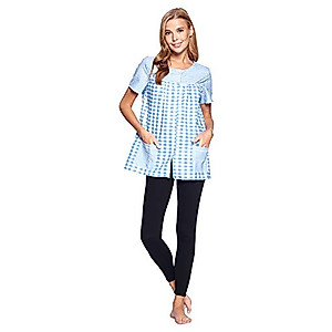 Casual Nights Women's Snap Front Smock Cobbler Woven Scrub Apron Top with Pockets - Blue Plaid - XX-Large