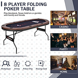 RayChee Foldable Poker Table, 8 Player Texas Holdem Table, Folding Leisure Game Table, Portable Casino Table for Game Room with Padded Rails and Cup Holders (Brown, 71 inch)