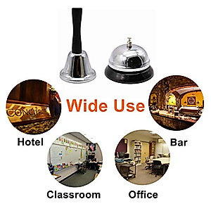 Pack of 2, Stainless Steel Hand Bell and Call Bell, Futu 3 Inch Hand Bell and 3.3 Inch Diameter Desk Bell Service Bell for Hotels, Schools, Restaurants, Reception Areas, Hospitals, Warehouses