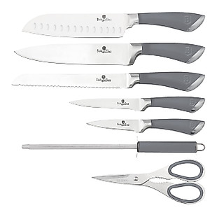 Berlinger Haus Kitchen Knife Set with Block, 8 Piece Knives Set for Kitchen, Cooking Knives with Kitchen Shears and Sharpener, Sharp Cutting Stainless Steel Chef Knife Set with Acrylic Stand, Gray