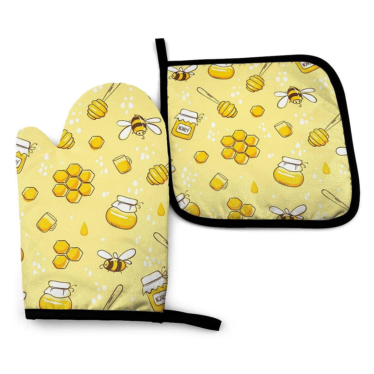 Bee Oven Mitts and Pot Holders Sets Heat Resistant Oven Gloves with Non-Slip Surface for Reusable for Baking BBQ Cooking