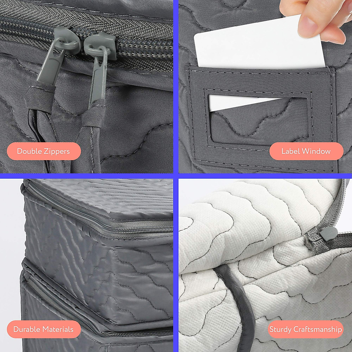 LotFancy China Storage Containers - Quilted 6-Piece Set Storage Box- Stores Chinaware, Stemware, Dinnerware, Dish Storage Service for 12, 48 Pcs Felt Protectors, Cardboard Dividers Included