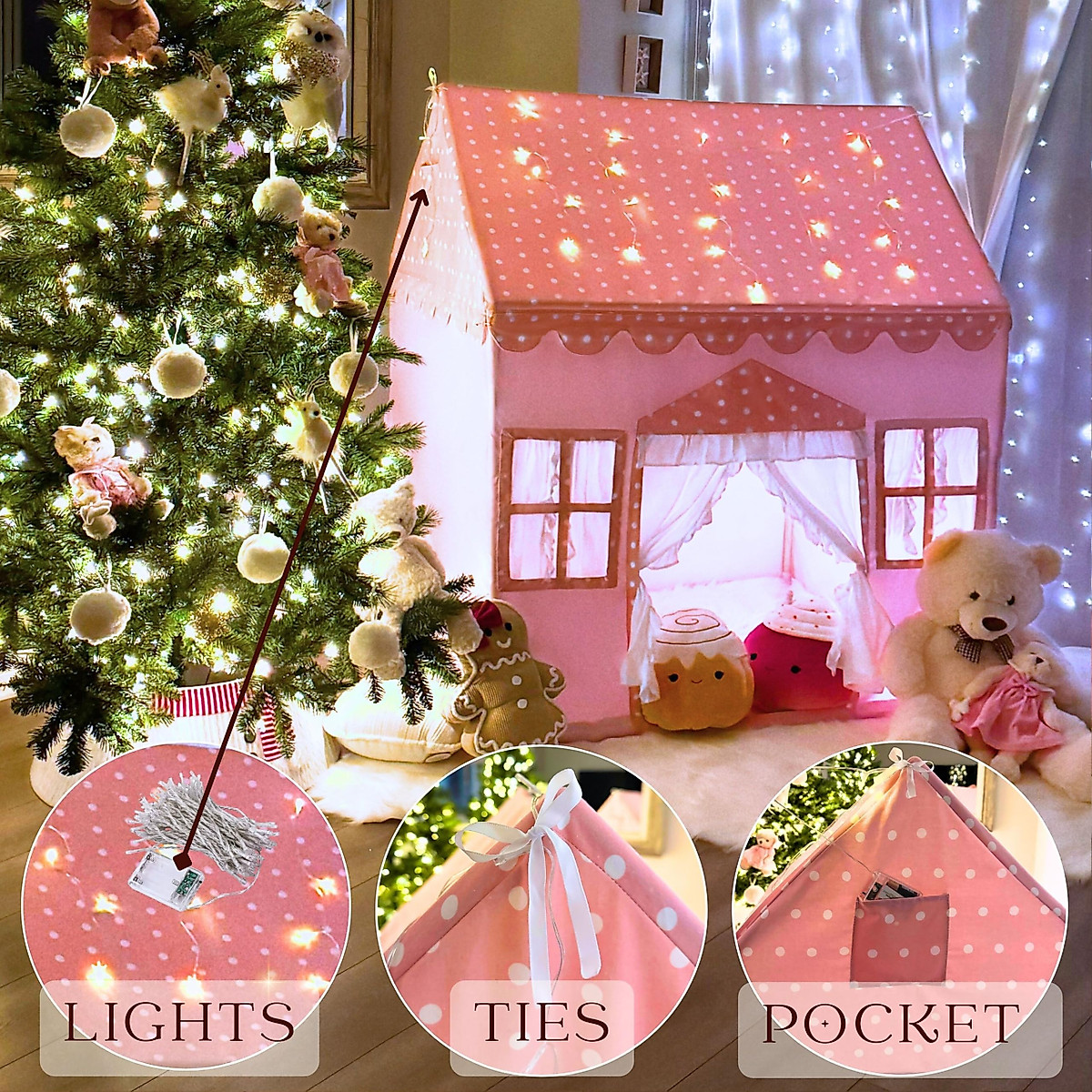 Large Cotton Tent for Kids - 50"x43"x63" Indoor Playhouse with Wooden Frame & Battery Lights, Kids Tent with Carry Bag, 3 Windows & 2 Pockets, CPSC Certified Play House for Girls and Boys