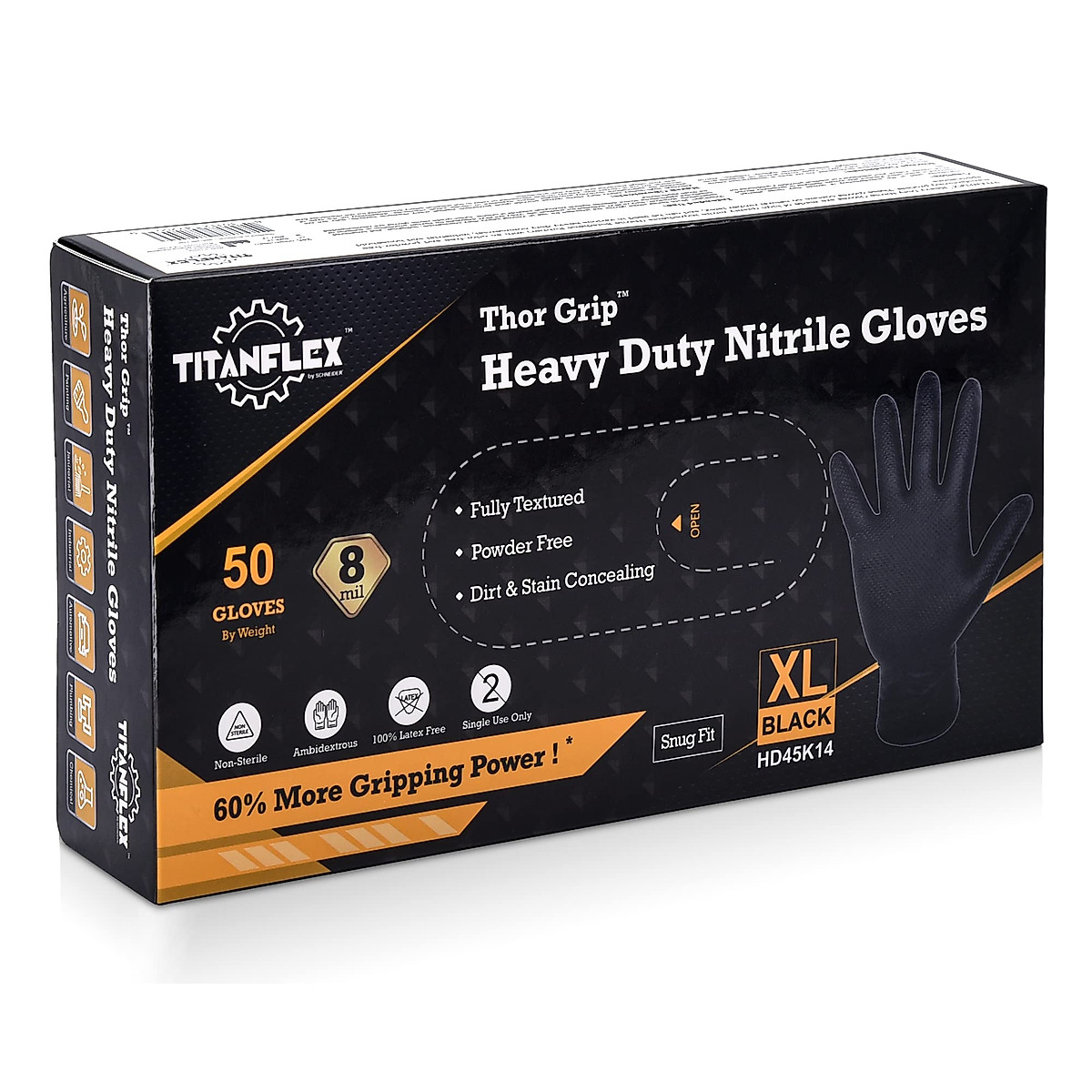 TitanFlex Medium Black Nitrile Gloves, 8-mil, 50-Pack, 100% Latex-Free, 60% More Gripping Power Than Regular Gloves, Heavy Duty Puncture Resistant, Professional Appearance