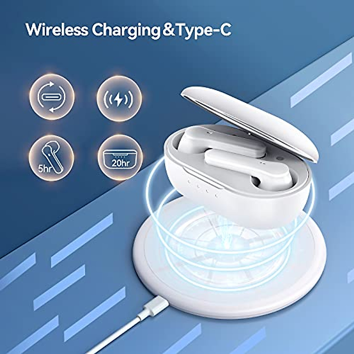 Wireless Earbuds, Bluetooth Earbuds in Ear w/Wireless Charging Case/USB-C, Wireless Earphones Hi-Fi Sound, Bluetooth 5.0 Headphones w/Microphone, Touch Control/25H/IPX7 for Sports/Work/3 Modes