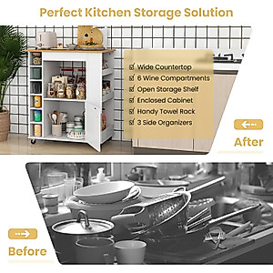 Giantex Kitchen Island, Mobile Kitchen Cart with Storage Cabinet, Bamboo Top, 6-Bottle Wine Rack, 3 Tier Spice Rack, Towel Holder, Rolling Microwave Cart for Dining Room Coffee Bar, White