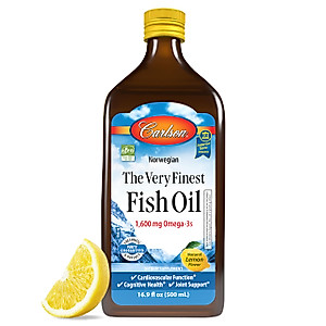 Carlson - The Very Finest Fish Oil, 1600 mg Omega-3s, Liquid Supplement, Norwegian, Wild-Caught, Sustainably Sourced , Lemon, 16.9 Fl Oz