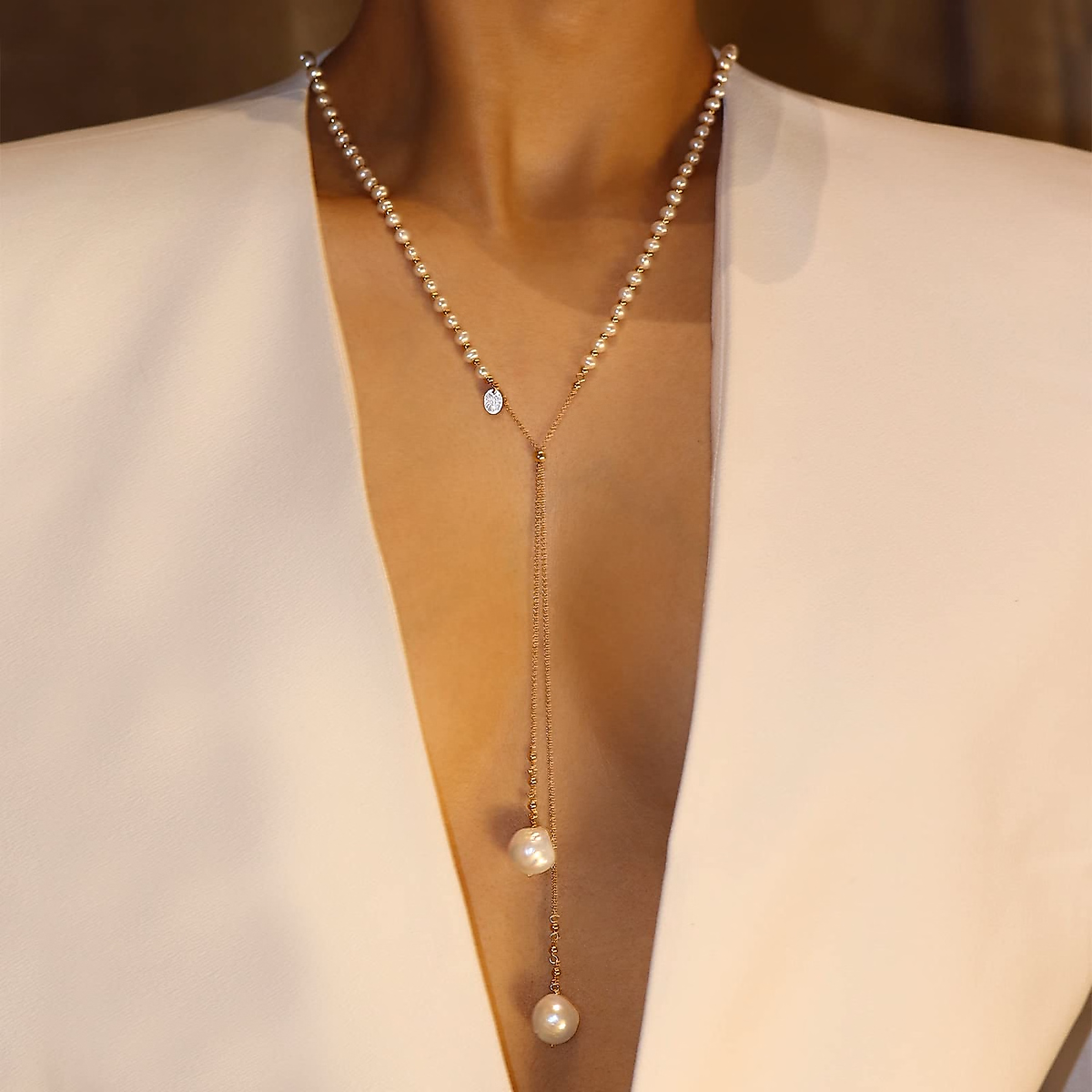 Birger Jarls 23 Gold Necklace for Women, AAAA+ Freshwater Pearl Necklace, Dainty Gold Layered Back Necklace for Women Girls Wedding Luxury Jewelry