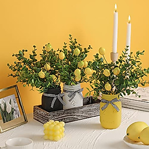 Lemon Mason Jars Centerpiece for Table, Wood Tray with 3 Painted Jars, Dining Coffee Table Centerpiece For Kitchen, Living Room, Spring Mason Jar Decor with Lemon