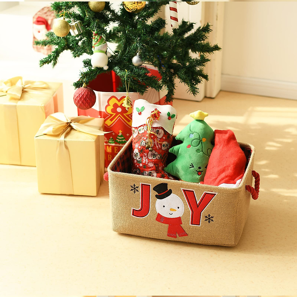 INough Gift Baskets Empty Large Christmas Basket Christmas Empty Christmas Gift Baskets with Handles Collapsible Christmas Storage Baskets, Holiday Baskets for Kidsroom Nursery Play Room (Large, Joy)