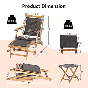 HAPPYGRILL Lounge Chair Table Set Outdoor Acacia Wood Lounge Chair with Wicker Side Table Folding Chaise Lounge with Retractable Ottoman for Garden Balcony Poolside
