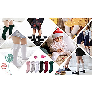 Century Star Baby Girls Bow Knee High Socks Toddlers Ruffled Tube Socks Infant School Uniform Leggings Long Stockings 05Pcs White&Black&Pink&Grey&Red 6-18 Months
