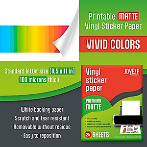 JOYEZA Premium Printable Vinyl Sticker Paper for Inkjet Printer - 25 Sheets Matte White Waterproof, Dries Quickly Vivid Colors, Holds Ink well- Tear Resistant - Inkjet & Laser Printer