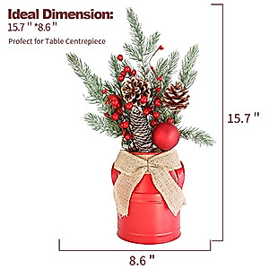Qingbei Rina Artificial Christmas Centerpiece Decoration,Mini Red Christmas Tree Potted Plants,Holiday Table Fake Greenery with Christmas Ball, Pine, Berry for Home,Office, Window, Fireplace