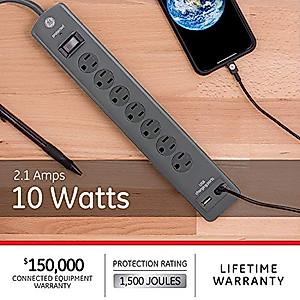 GE UltraPro Surge Protector, 7 Outlet Power Strip, 2 USB Charging Ports, 4 Ft Extension Cord, 3 Prong, Grounded, Flat Plug, 1500 Joules, UL Listed, Gray, 53276,
