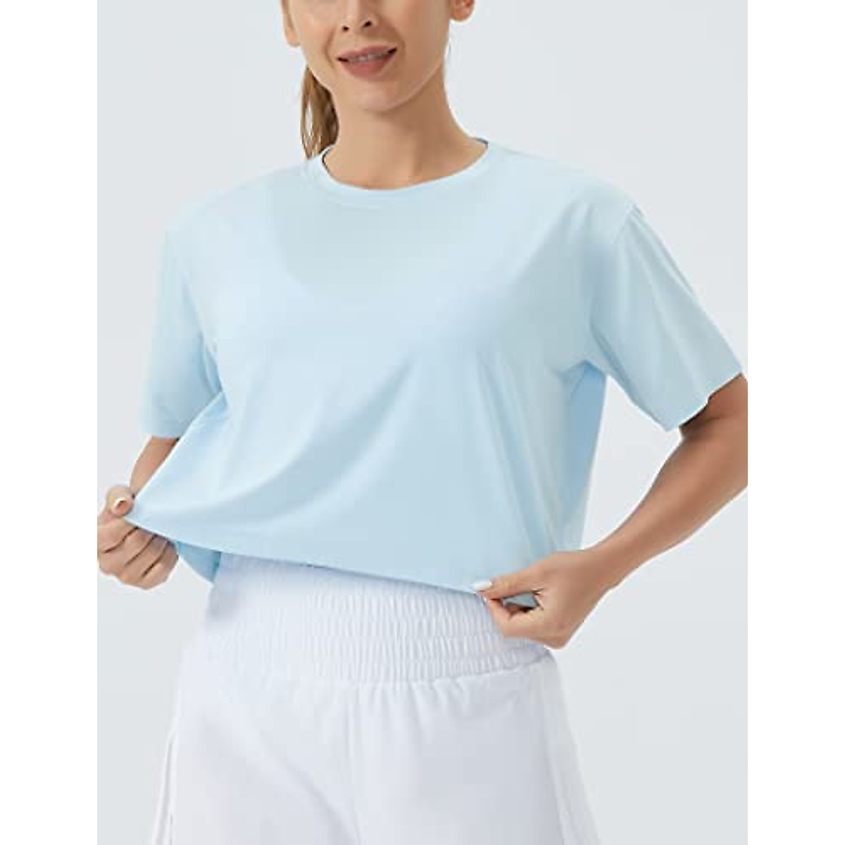 THE GYM PEOPLE Women's Workout Crop Top T-Shirt Short Sleeve Boxy Yoga Running Cropped Basic Tee Light Blue