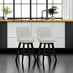 Watson & Whitely Modern Swivel Bar Stools, Faux Leather Upholstered Counter Height Bar Stool with Back, Solid Wood Legs, 26" H Seat, Set of 2, White