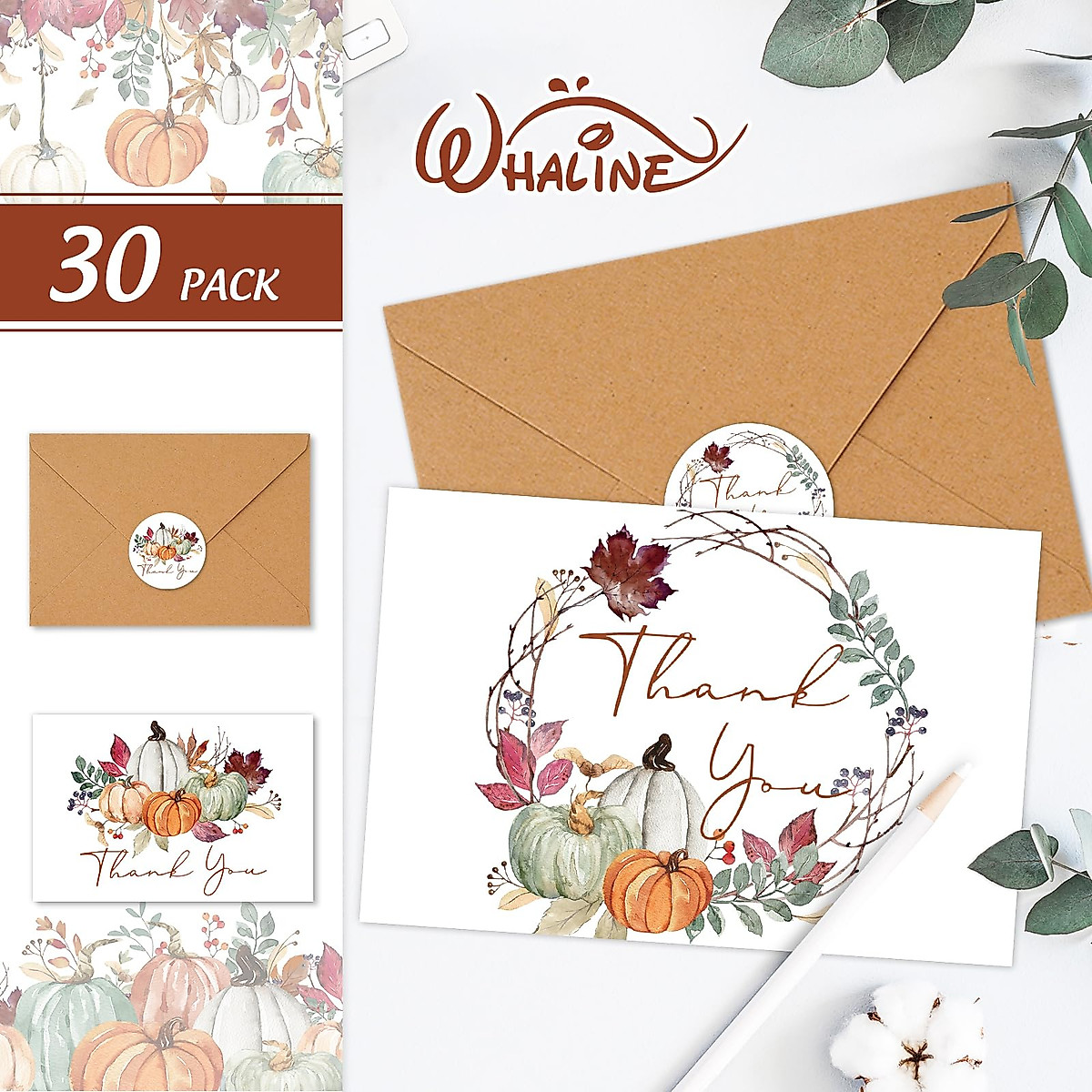 Whaline 30 Pack Fall Thank You Cards Bulk Watercolor Autumn Leaves Pumpkin Thank You Note Cards with Kraft Envelopes Stickers for Wedding Thanksgiving Harvest