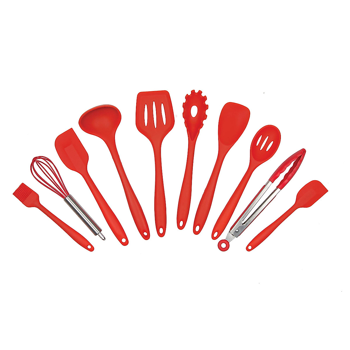 Silicone Kitchen Cooking Utensils w Bamboo Holder- 10 Pc Gourmet Non-Stick, Heat Resistant, Premium Kitchen Tools Set- Spatula, Spoon, Slotted Spoon, Tongs, Basting Brush, Whisk, Ladle-Baking, Baking