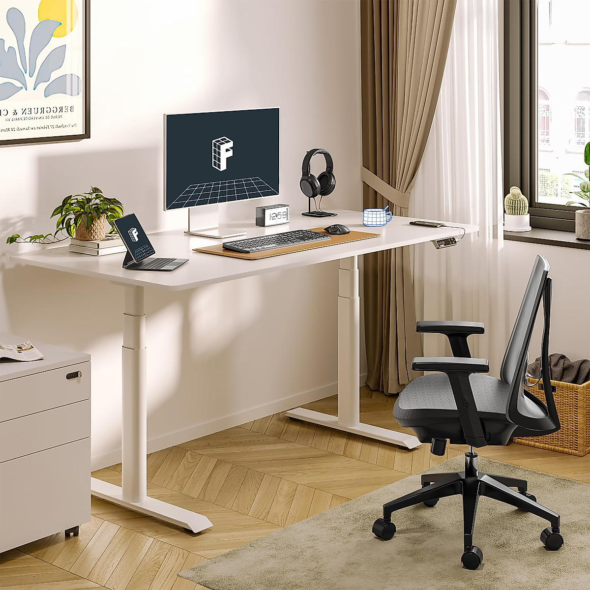 FLEXISPOT E8 Dual Motor 3 Stages Standing Desk 60x24 Inch Oval Leg Whole-Piece Board Electric Height Adjustable Desk Electric Stand Up Desk Sit Stand Desk (White Frame + White Desktop)