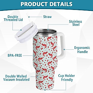Slewiaeky Tumbler with Handle 40 oz Colored Lobster Shrimp Travel Mug with Lid and Straw Crayfish Stainless Steel Vacuum Insulated Water Bottle Cup for Iced Tea Coffee Cold Beverages Cup Holder Frien