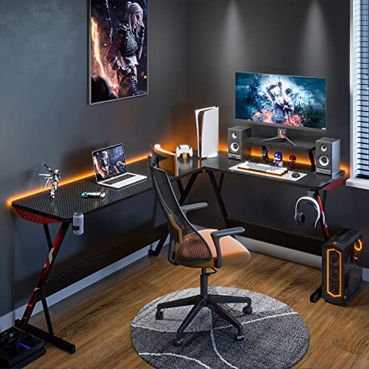 MOTPK L Shaped Gaming Desk 66 Inch, Gaming Computer Desk L Shape with Carbon Fiber Surface, Gamer Desk Gaming Table with Monitor Shelf, Cup Holder & Headphone Hook, Black