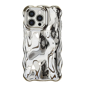 UEEBAI Ripple Case for iPhone 14 Pro Max, Cute Silver Cover Wave Shape for iPhone Case Pretty Aesthetic 3D Phone Cover, Water Ripple Shell 3D Chrome Design for Women and Girl, Silver