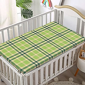 Plaid Themed Fitted Mini Crib Sheets,Portable Mini Crib Sheets Toddler Bed Mattress Sheets-Great for Boy or Girl Room or Nursery,24“ x38“,Beige Green Hunter Green