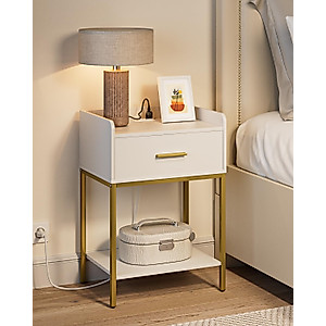 Masupu Nightstand with Charging Station,3-Tier Modern Bedside Night Stand with Storage Drawer and Shelf,Small End Side Table for Bedroom,Living Room,White