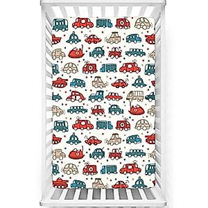 Cars Themed Fitted Crib Sheet,Standard Crib Mattress Fitted Sheet Ultra Soft Material -Baby Crib Sheets for Girl or Boy,28“ x52“,Scarlet Teal Tan