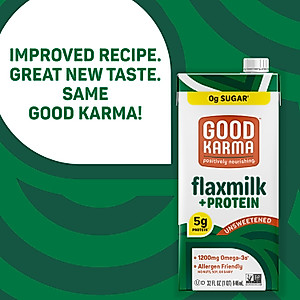 Good Karma Unsweetened Flaxmilk +Protein, 32 Ounce (Pack of 6), 5g Plant Protein + 1200mg Omega-3 Per Serving, Plant-Based Non-Dairy Milk Alternative, Lactose Free, Nut Free, Vegan, Shelf Stable