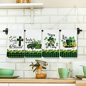AnyDesign St. Patrick's Day Kitchen Towel Green Buffalo Plaid Shamrock Dish Towel 18 x 28 Inch Lucky Clover Truck Hat Hand Drying Tea Towel for Irish Holiday Cooking Baking Cleaning Wipes, Set of 4