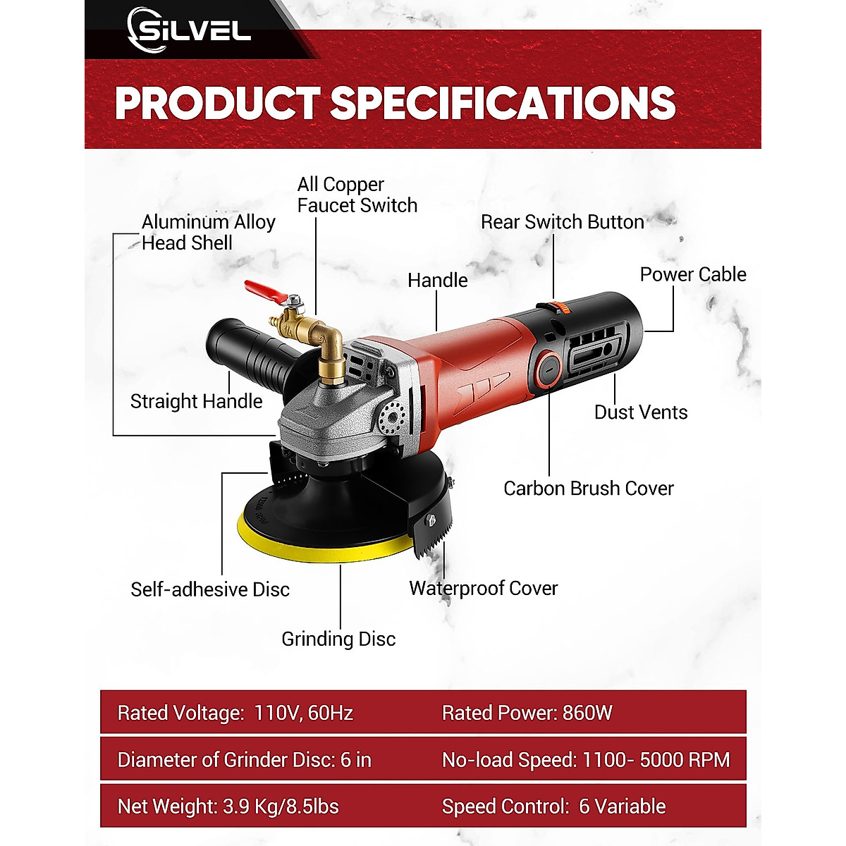 SILVEL 860W Wet Polisher, 4 inch Wet Stone Polisher with 6 Variable Speeds, 110V Granite Polisher with 7 Diamond Polishing Pads for Granite, Marble, Concrete, Stones