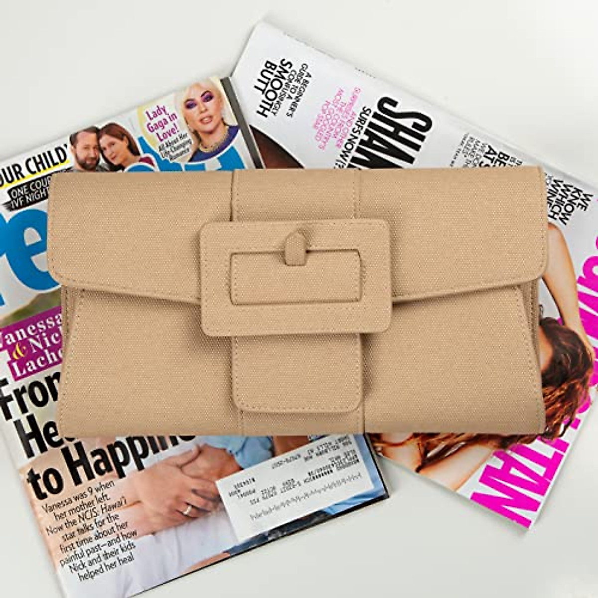 Synthetic Leather Belted Envelope Clutch, Beige1