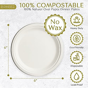 brheez 6 in Disposable Plates Paper Plates Alternative Compostable Plates Heavy Duty [Pack of 60] Eco-Friendly 100% Plant Fiber Biodegradable