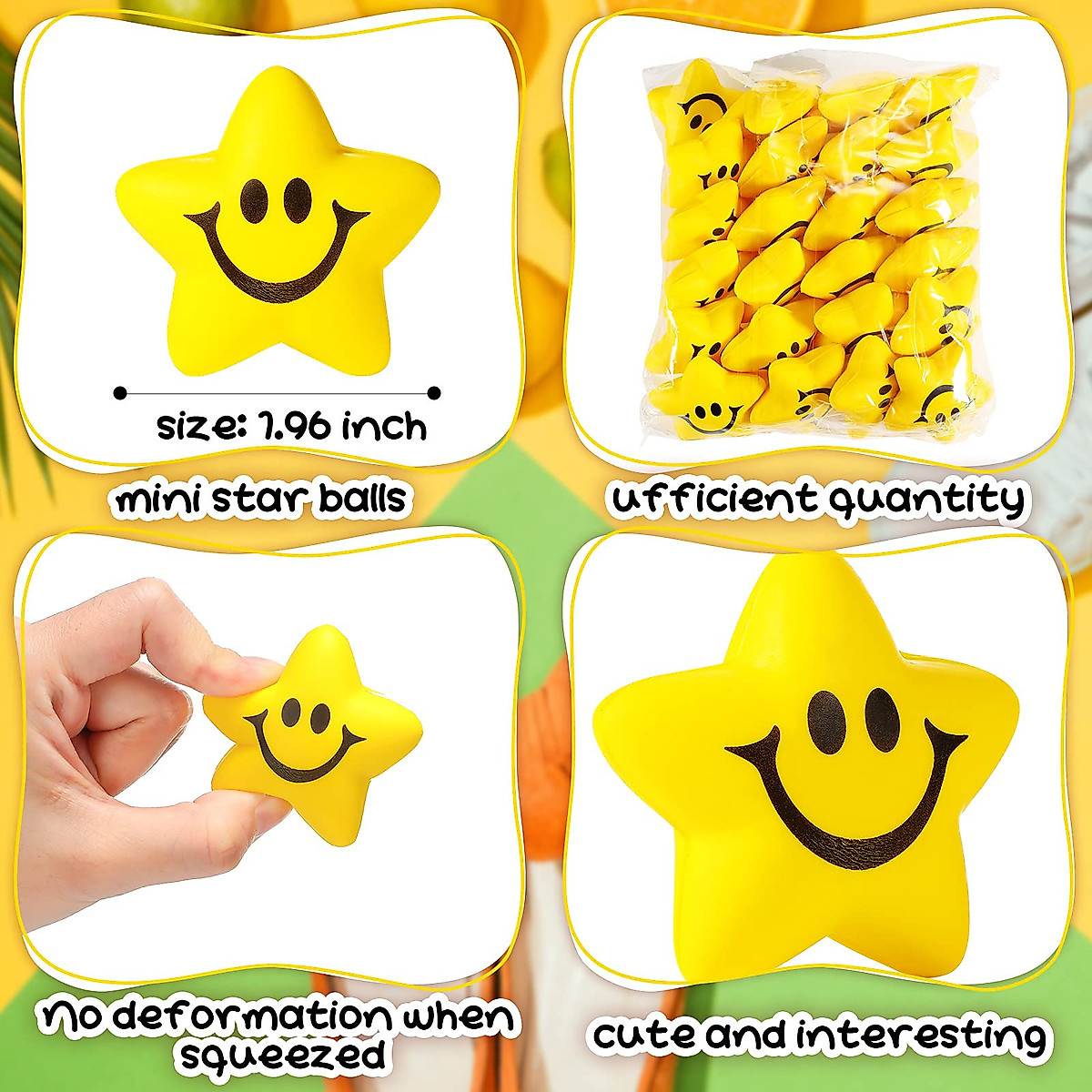 48 Pieces Star Stress Balls for Kids Star Mini Foam Ball Smile Face Stress Ball Bulk Relief Star Toys for School Carnival, Reward Student Prizes, Party Bag Fillers(Yellow)