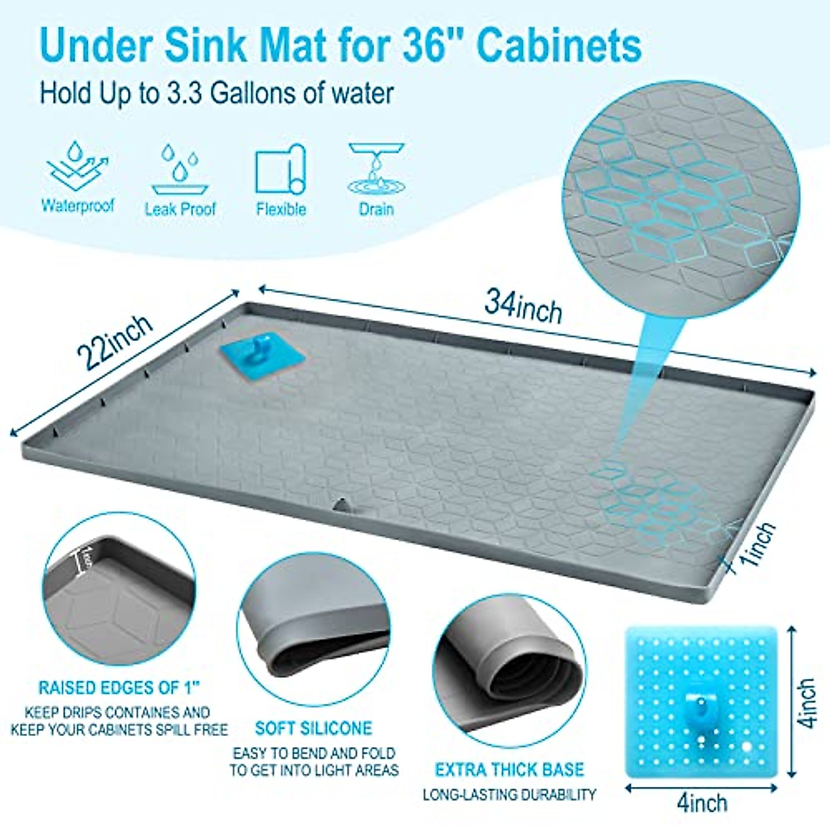 Cibeat 34x22 Under Sink Mat, 34"x22", Grey