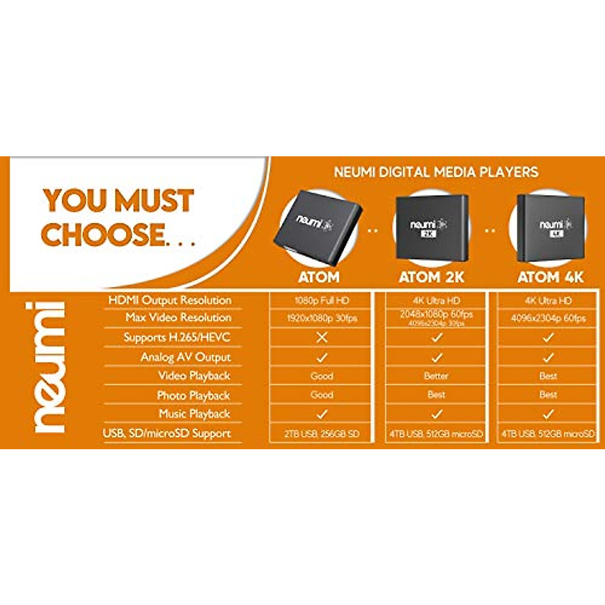 NEUMI Atom 1080P Full-HD Digital Media Player for USB Drives and SD Cards - with HDMI and Analog AV, Automatic Playback and Looping Capability
